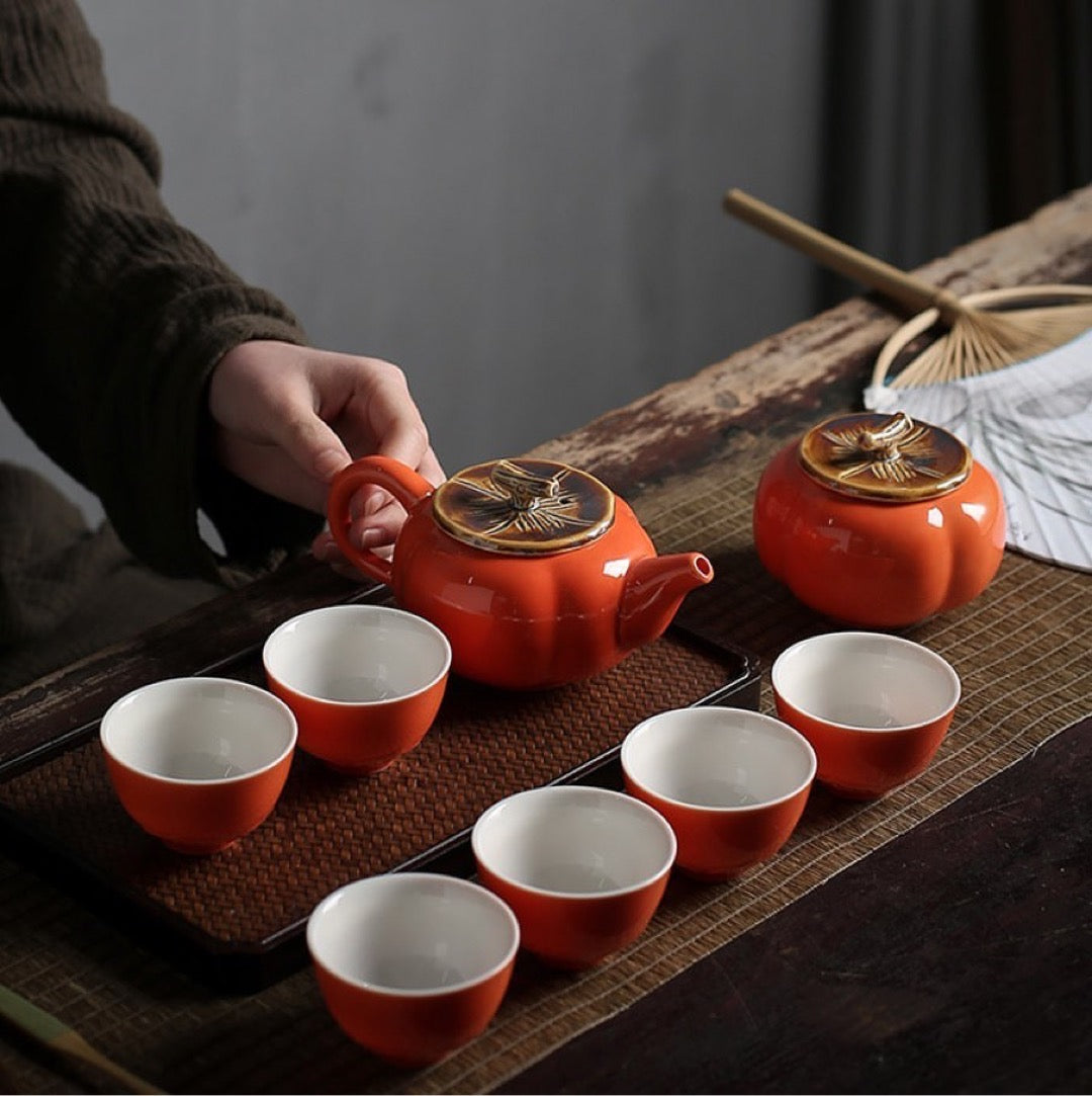 Traditional Chinese Tea Set- Ceramic Red Persimmon Tea Set with cups a ...